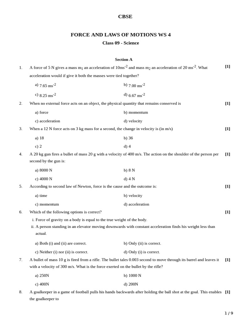 Forces and Laws of Motion WS 4 (Second Law of Motion) | PDF | Force | Acceleration