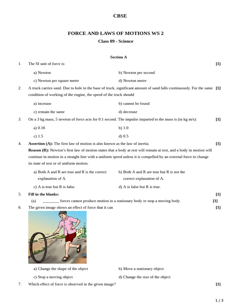 CBSE Class 9 Force and Motion Worksheet | PDF | Force | Newton's Laws ...