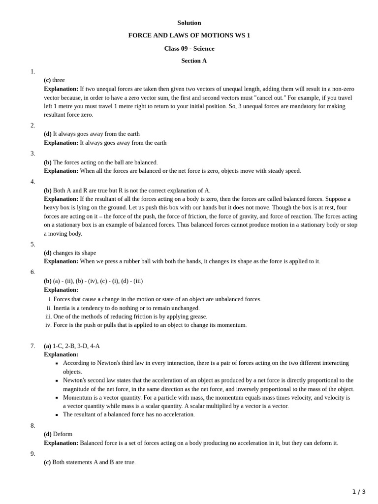 Forces and Laws of Motion WS 1 Sol (Balanced and Unbalanced Forces ...