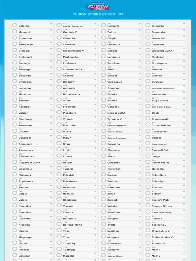 SWSH8 Fusion Strike Checklist | PDF | Pokémon | Nintendo Franchises