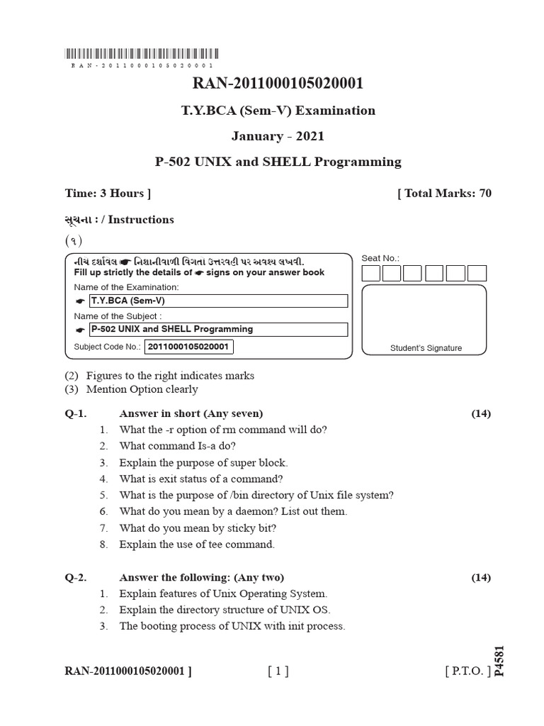 T.Y.B.C.A. (Sem- V) Examination January - 2021 - 502 - UNIX & SHELL Programming | PDF | Unix ...