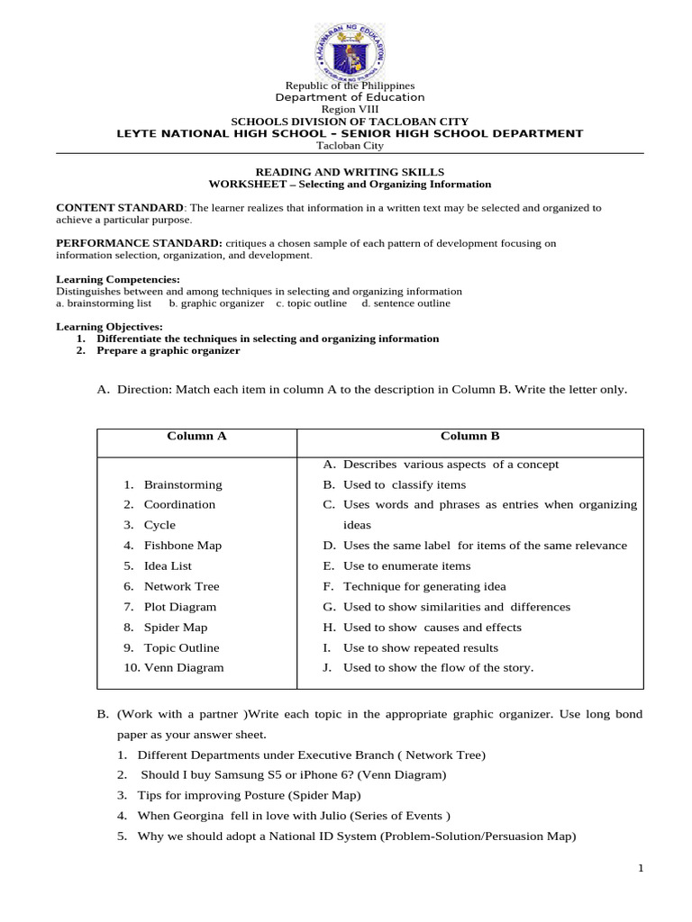 Graphic Organizer - Activity Sheet in RWS - Selecting and Organizing ...