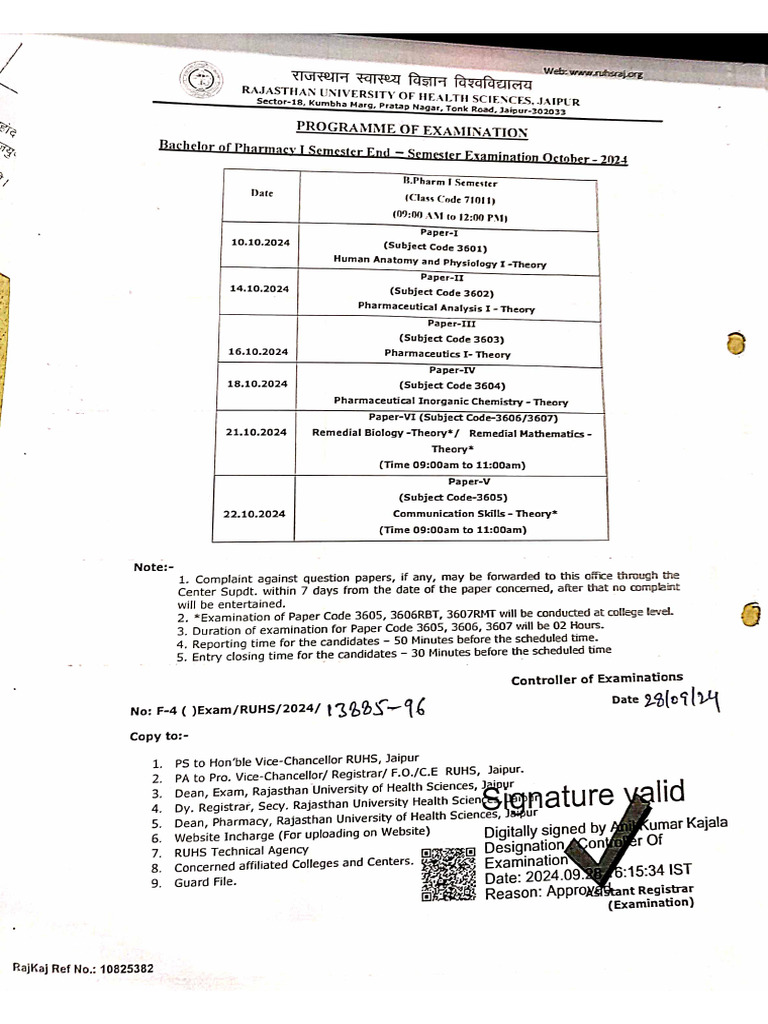 Time Table B Pharmacy I Semester End Semester Exam October 2024 Signed | PDF