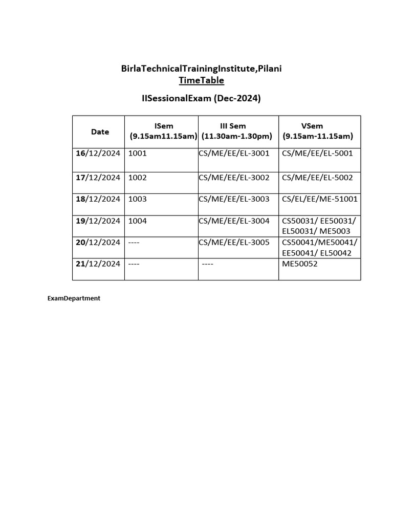 TIme Table II Sessional-Dec-2024 | PDF