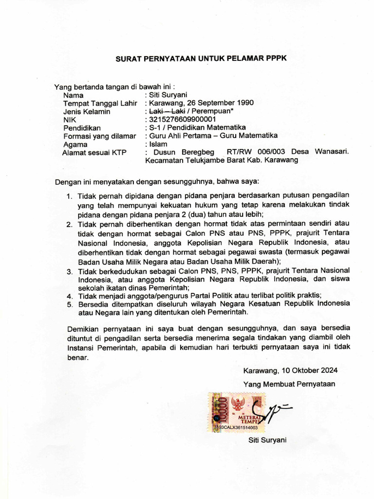 Surat Pernyataan Bu Yani Oke | PDF