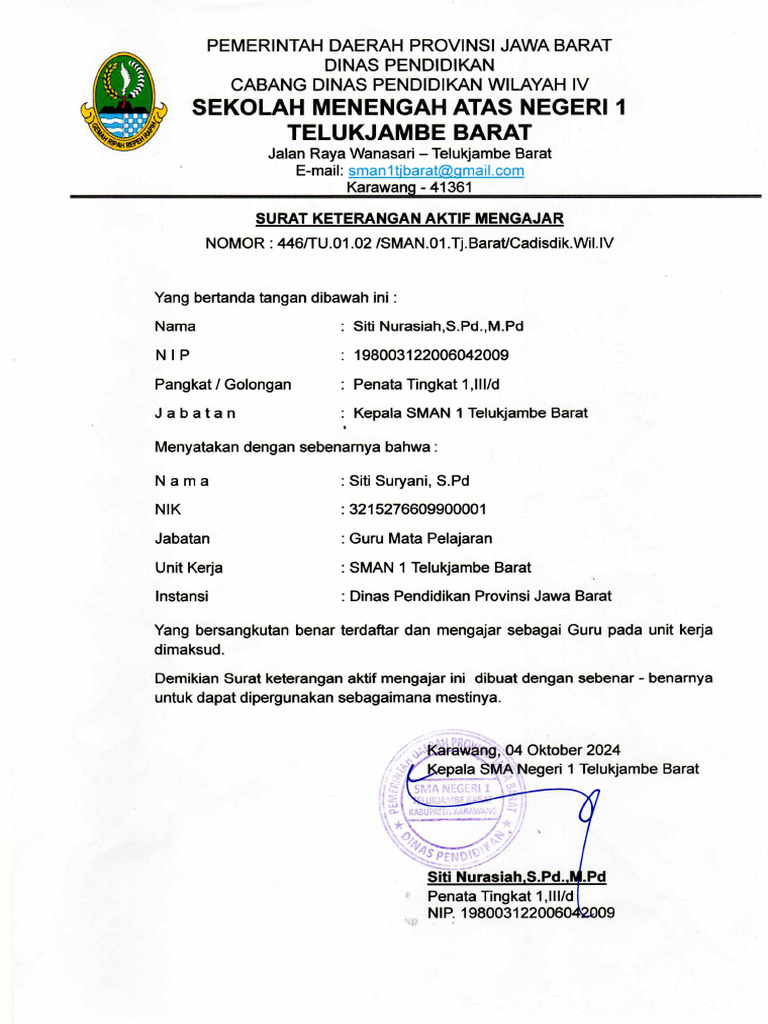 Surat Aktif Mengajar Bu Yani | PDF