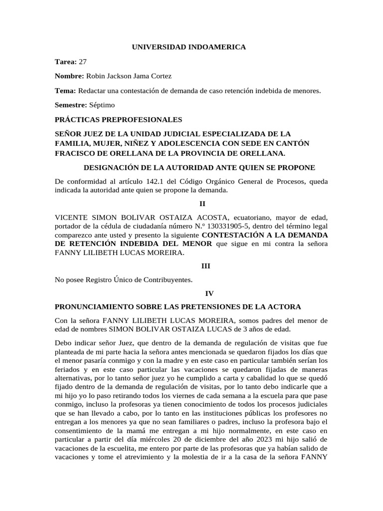 Tarea 27. Redactar Una Contestación de Demanda de Caso Retención ...