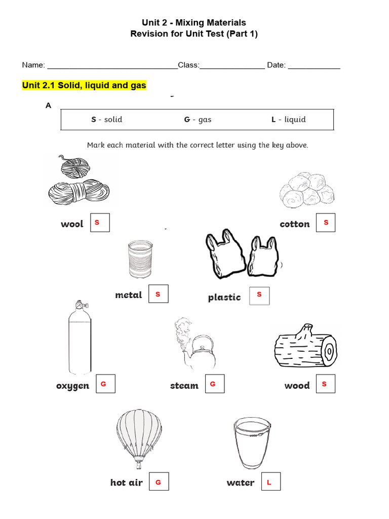 Unit 2 Revision For Unit Test Part 1 Answer Key | PDF | Mixture ...