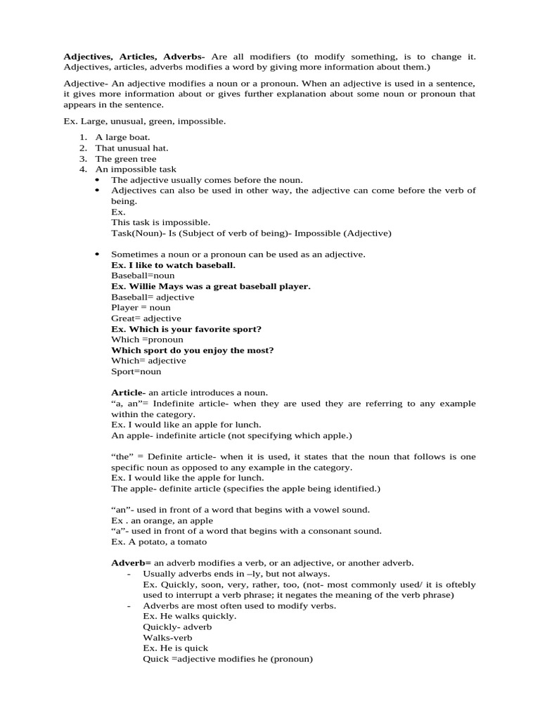 parts of speech adverbs, adjectives and articles | PDF | Adjective | Adverb