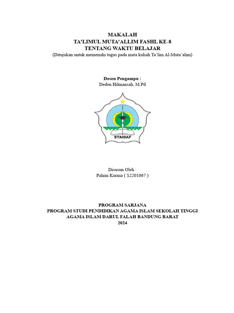 MAKALAH TA'LIM AL-MUTA'ALLIM (FASAL 8) - PAHMI KURNIA - Organized | PDF