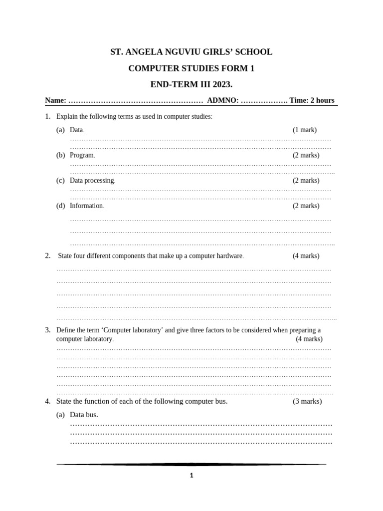 Computer Studies Form 1 End Term 3 2023 | PDF | Classes Of Computers ...