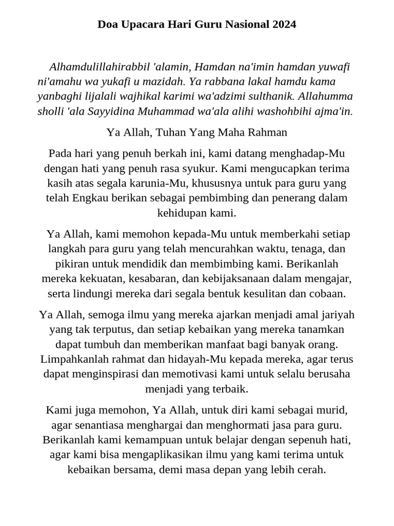 Doa Upacara Hari Guru Nasional 2024 | PDF