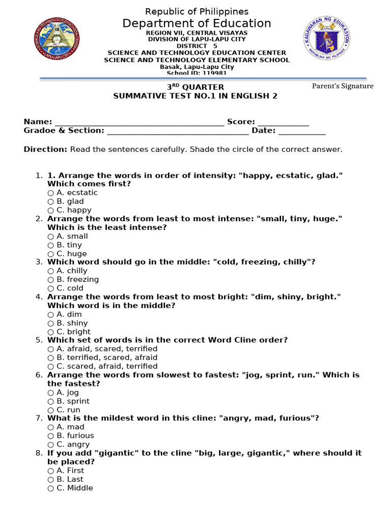 ENGLISH (3RD QUARTER SUMMATIVE TEST NO.1) | PDF
