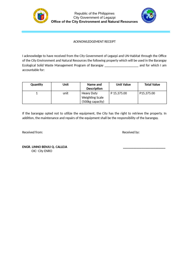 Acknowledgement Receipt Weighting Scale | PDF