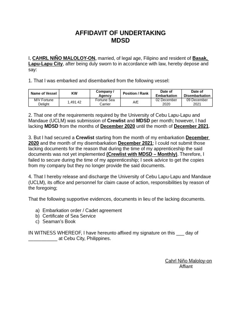 Affidavit of Undertaking for MDSD | PDF