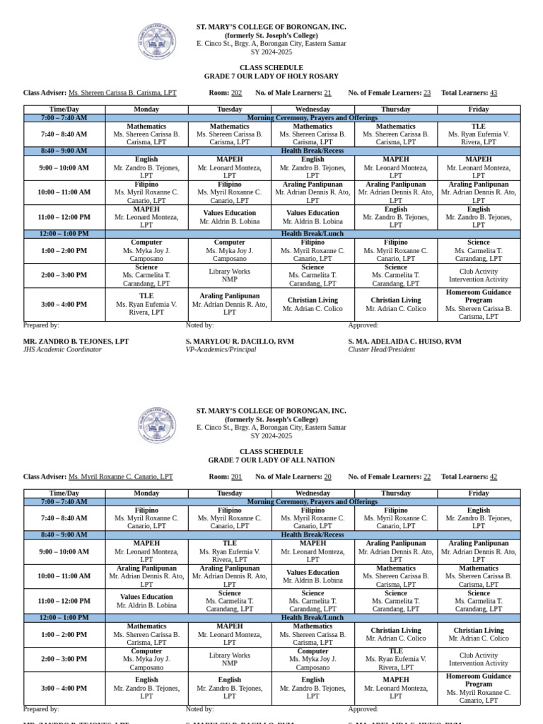 Class Schedule 2024-2025 2nd Semester Dec 2, 2024 | PDF | Mary, Mother ...