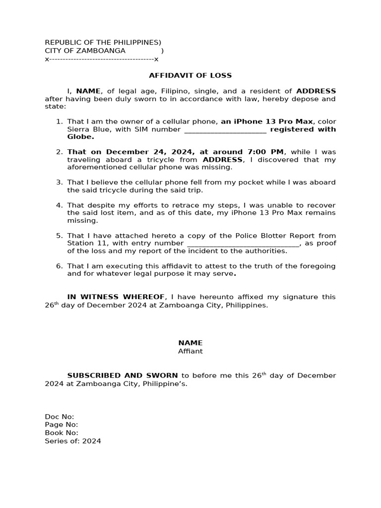 Affidavit of Loss - Phone | PDF