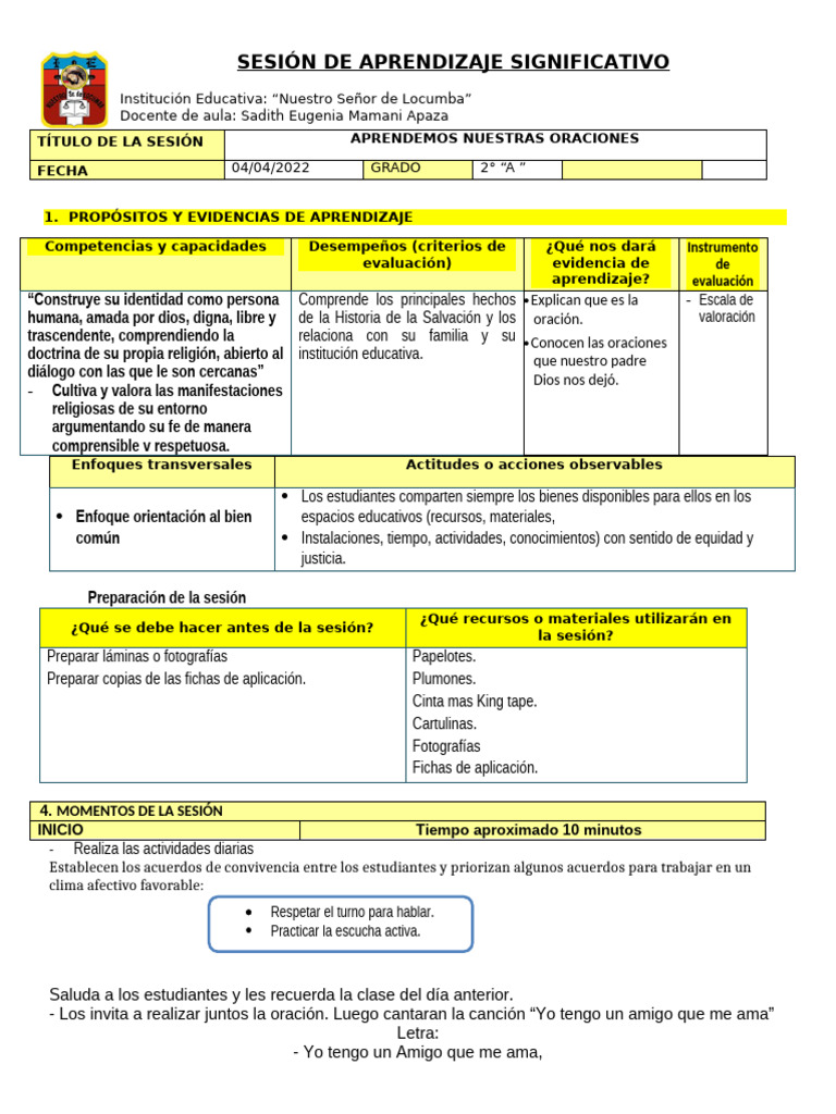 SESION RELIGION LA ORACION | PDF | Evaluación | Aprendizaje SESION RELIGION LA ORACION | PDF | Evaluación | Aprendizaje