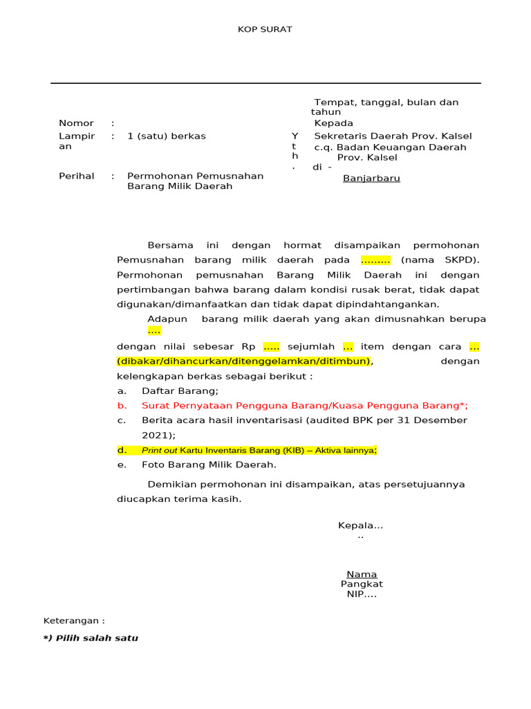 Format Surat Permohonan Pemusnahan | PDF