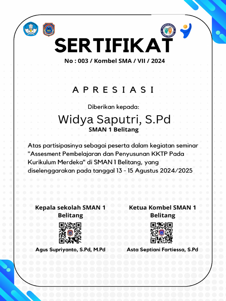 Sertifikat - Widya Saputri, S.PD | PDF