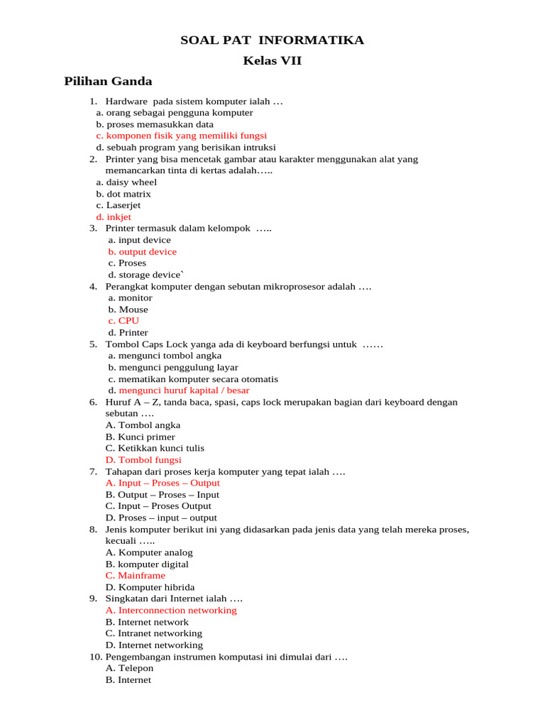Soal PAT Informatika Kelas VII | PDF