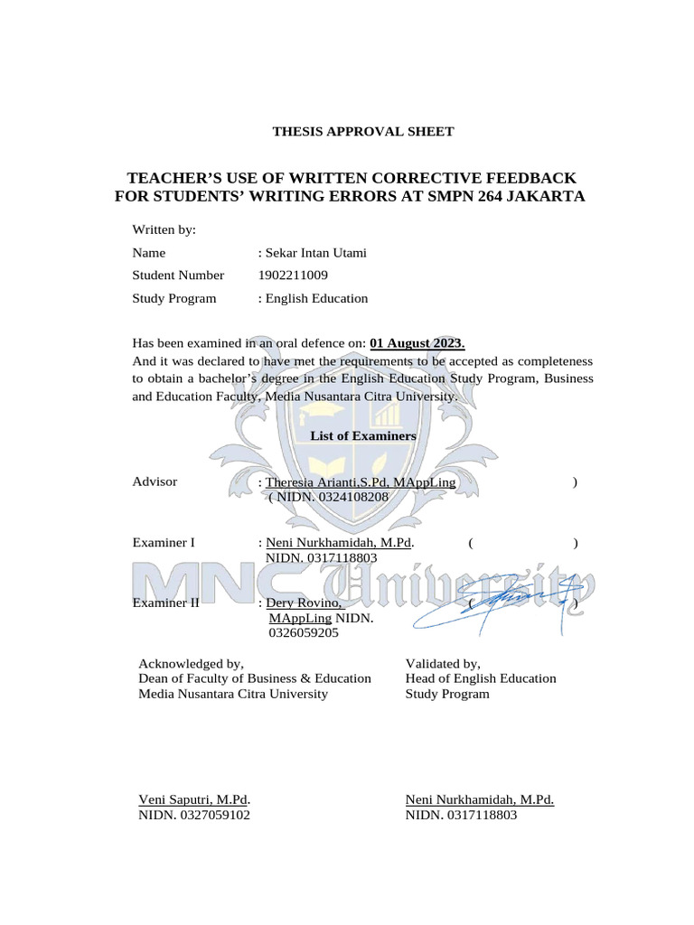 Thesis Approval Sheet for Sekar Intan Utami | PDF