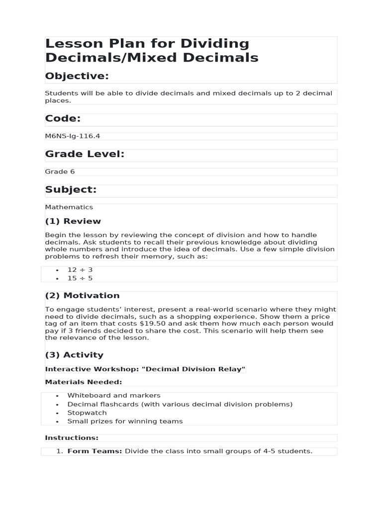 Lesson Plan for Dividing Decimals | PDF | Division (Mathematics ...