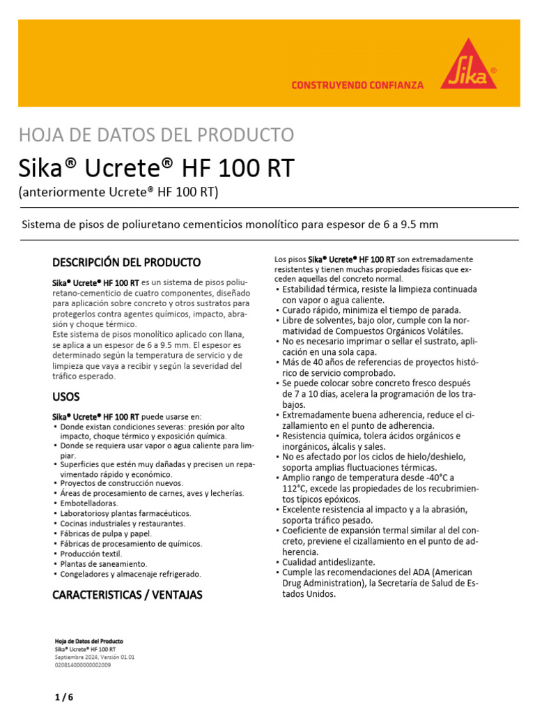 Sika Ucrete Hf 100rt | PDF | Hormigón | Agua