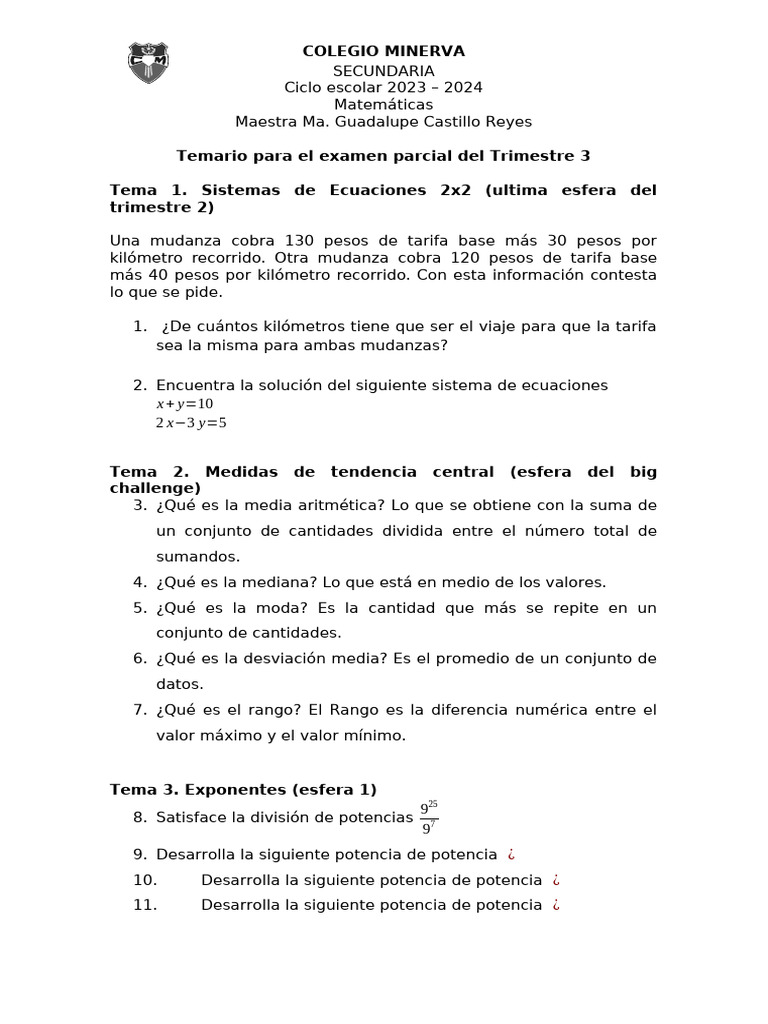 Temario de Mate Trimestre 3 | PDF | Raíz cuadrada | Exponenciación