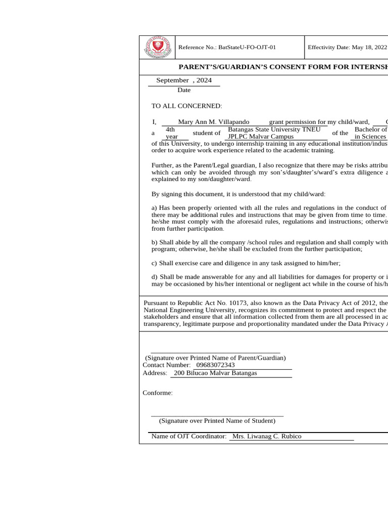 5.-BatStateU-FO-OJT-01_Parents-Guardians-Consent-Form-for-Internship-Training_Rev.-02 | PDF