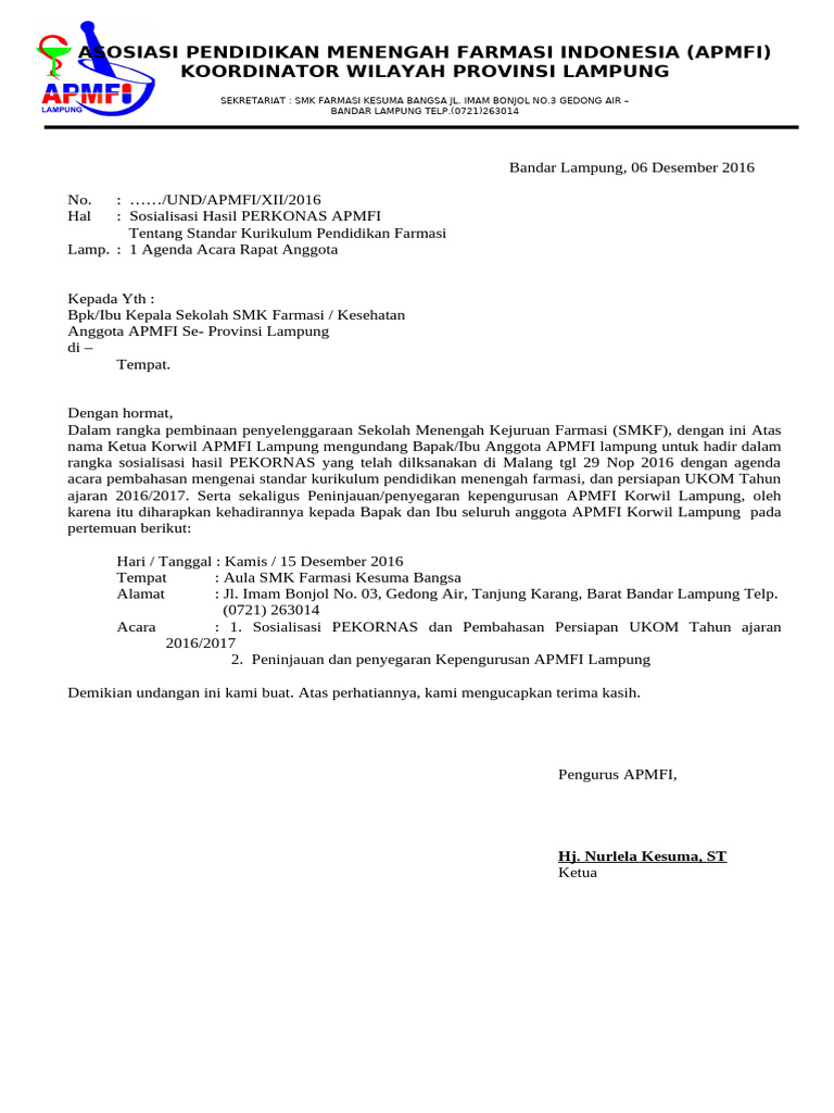 SURAT Undangan Rapat APMFI 2016 | PDF