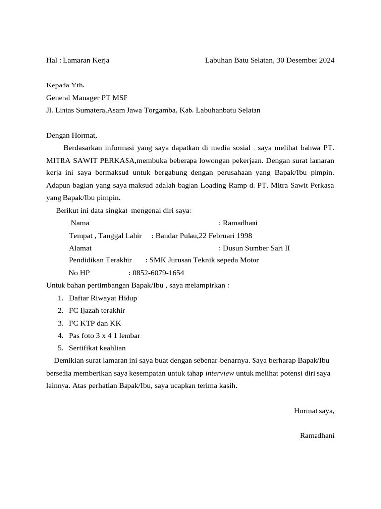 Lamaran Kerja Ramadhani di PT MSP | PDF