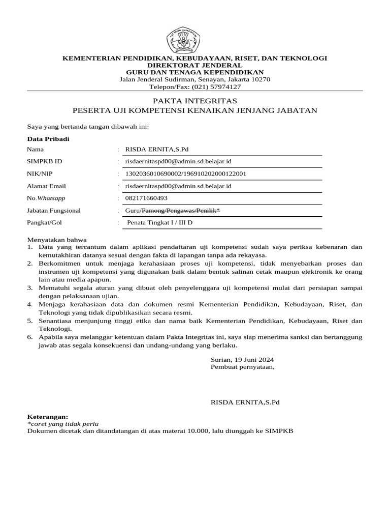 Pakta_Integritas_Peserta_Uji_Kompetensi_Kenaikan_Jenjang_Jabatan_2024 ok | PDF