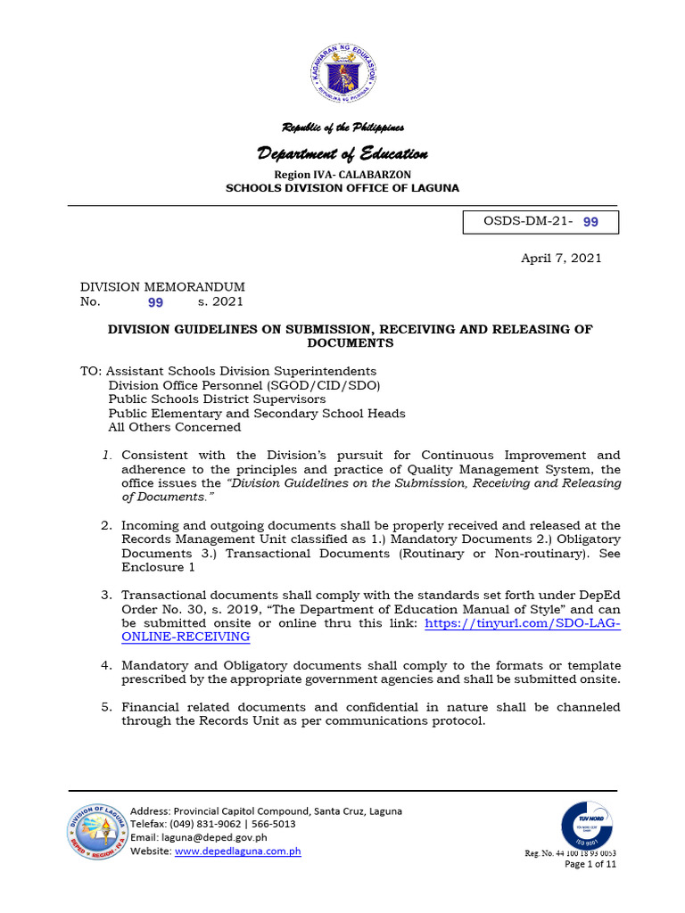 Laguna Division Document Management Guidelines | PDF | Quality ...