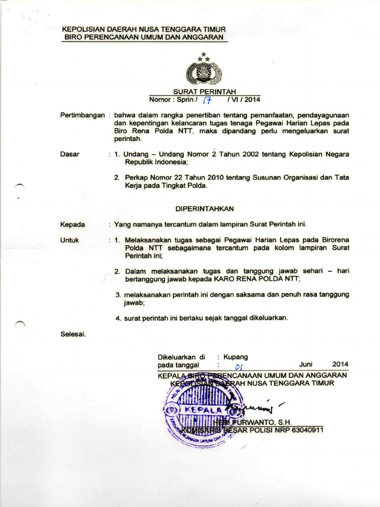 SPRIN AWAL MASUK MENJADI PHL BIRO RENA POLDA NTT | PDF