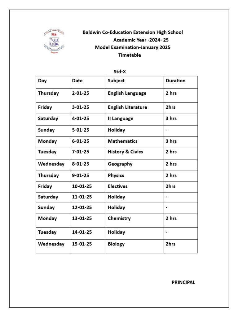 Timetable Bches Model Exam | PDF
