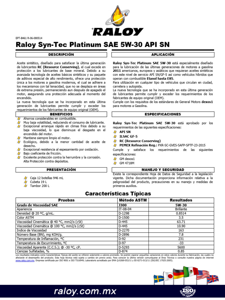 Raloy Syn-Tec Platinum SAE 5W-30 API SN | PDF | Lubricante