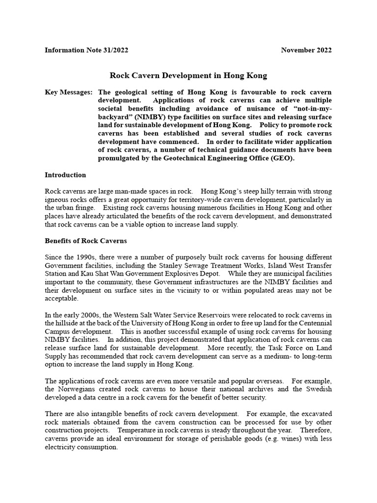 Rock Cavern Development in Hong Kong | PDF