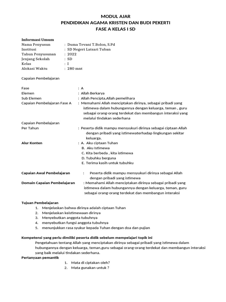 I. MODUL AJAR Kls 1 (Fixed) | PDF