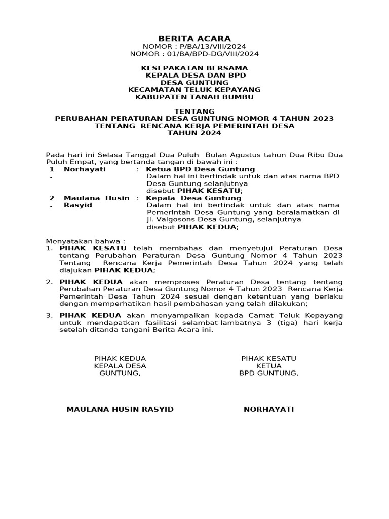 BA BPD, SK BPD Perubahan RKPDes 2024 | PDF