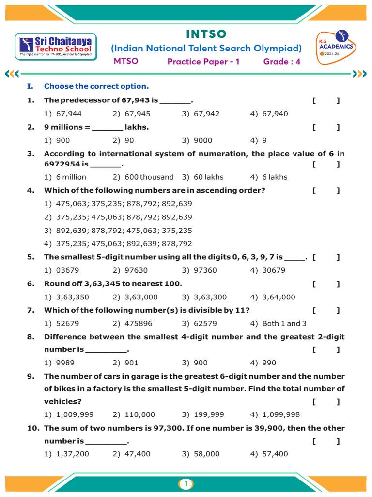 INTSO - MTSO - Grade-4 - Practice Paper-1 - 2024 | PDF | Numbers ...