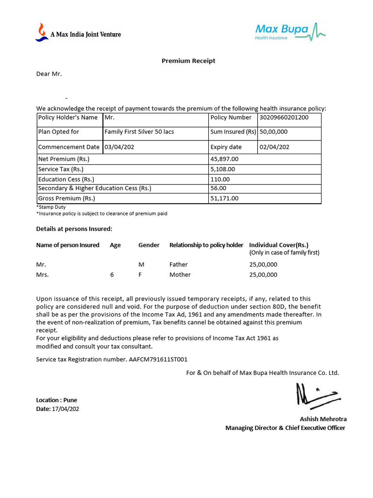 556166473-Medical-Insurance-Premium-Receipt-Family | PDF | Taxes ...