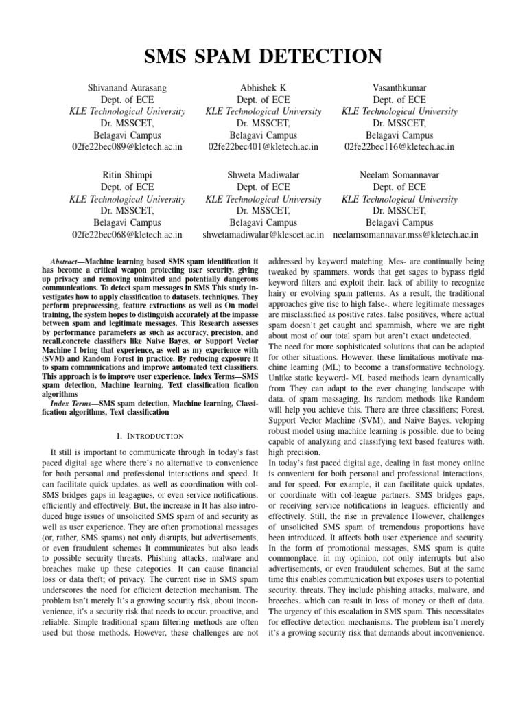 B 14 Sms Spam Detection ML Ieee Report | PDF | Machine Learning ...