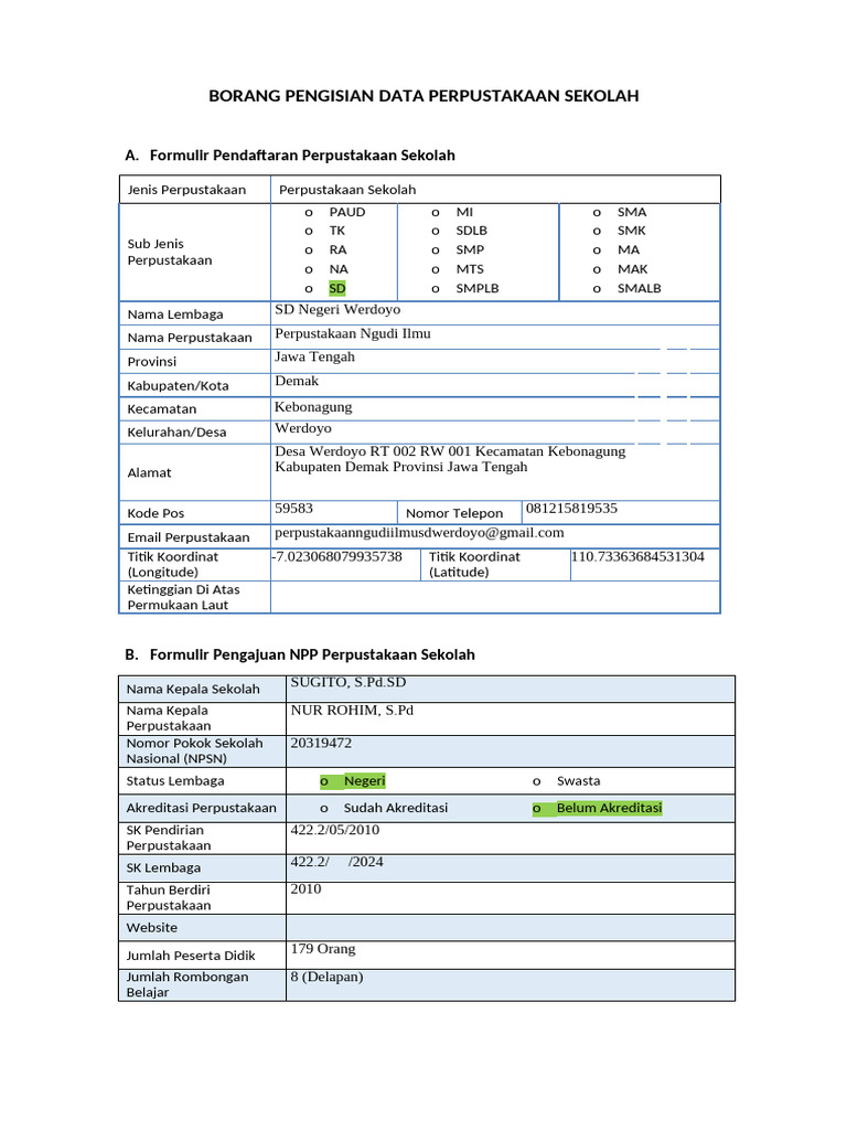 Borang Pengisian Data Perpustakaan Sekolah | PDF