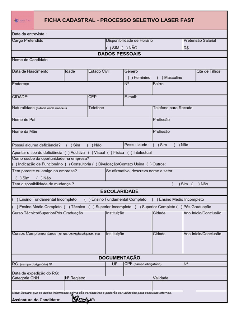 Ficha de Cadastro - Processo Seletivo LF | PDF