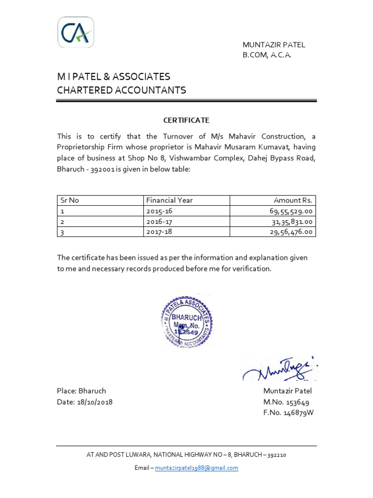 Mahavir Construction Turnover Certificate | PDF