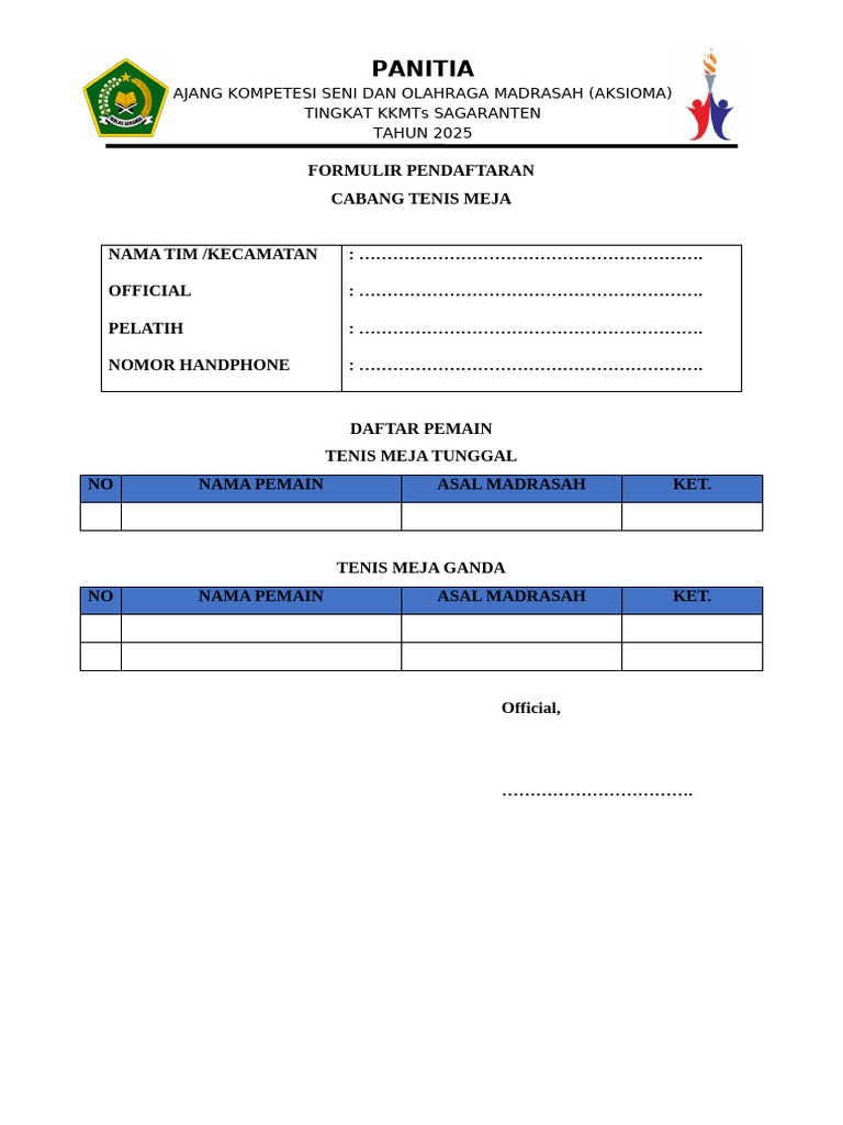 Formulir Pendaftaran Tenis Meja | PDF