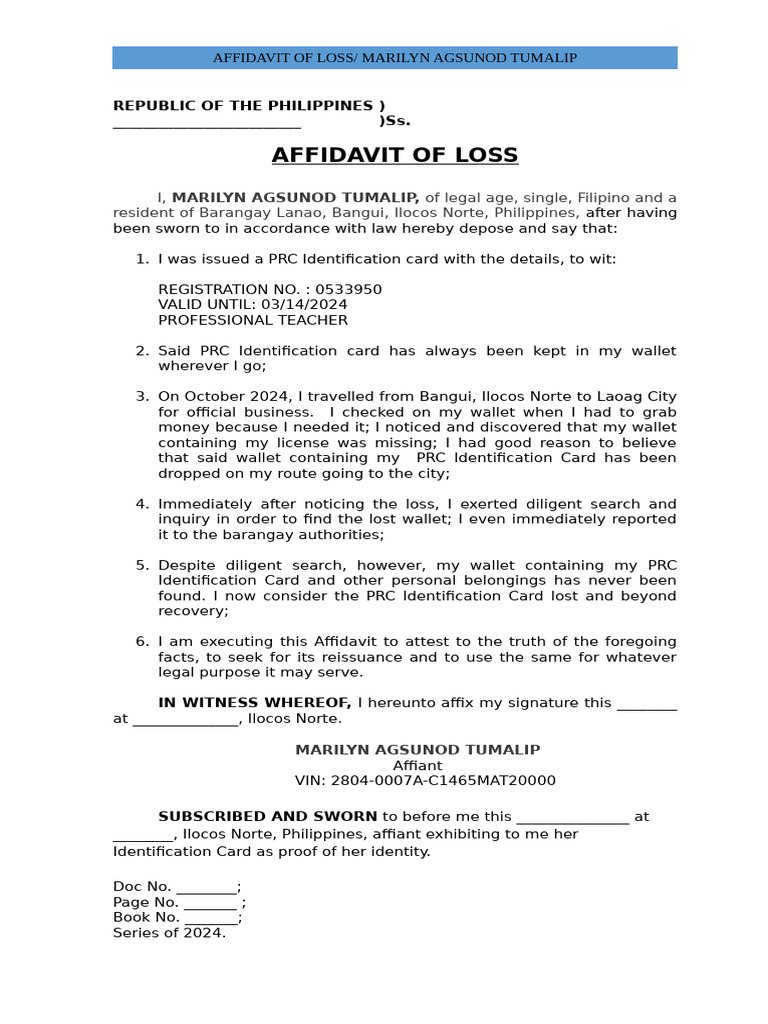Affidavit of Loss for PRC ID | PDF