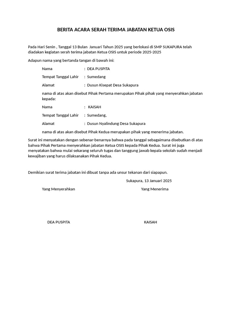 Berita Acara Serah Terima Jabatan Ketua Osis | PDF