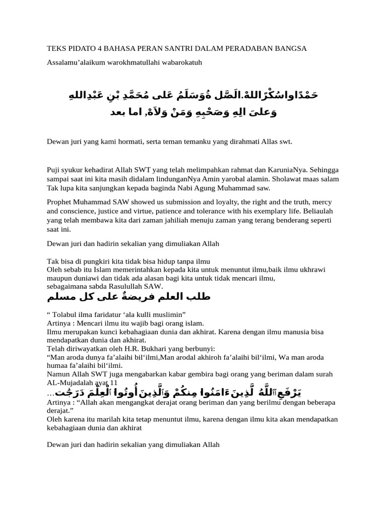 Teks Pidato 4 Bahasa Peran Santri Dalam Peradaban Bangsa | PDF